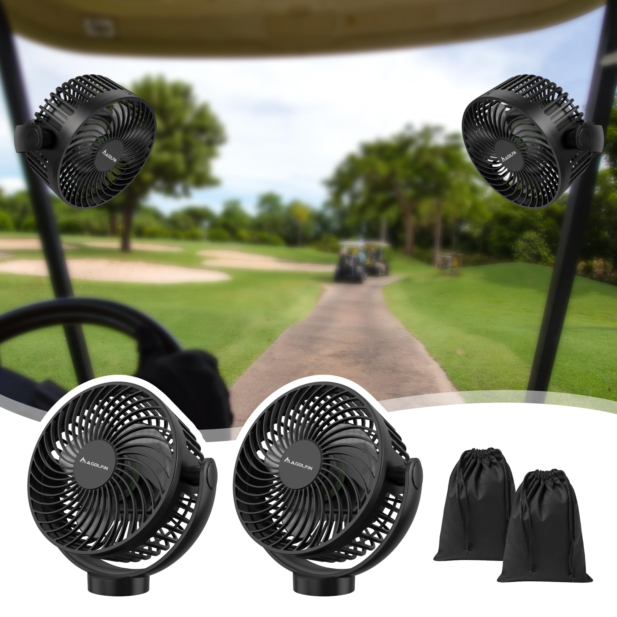 2-Pack Rechargeable Magnetic Golf Cart Fans with LED Light