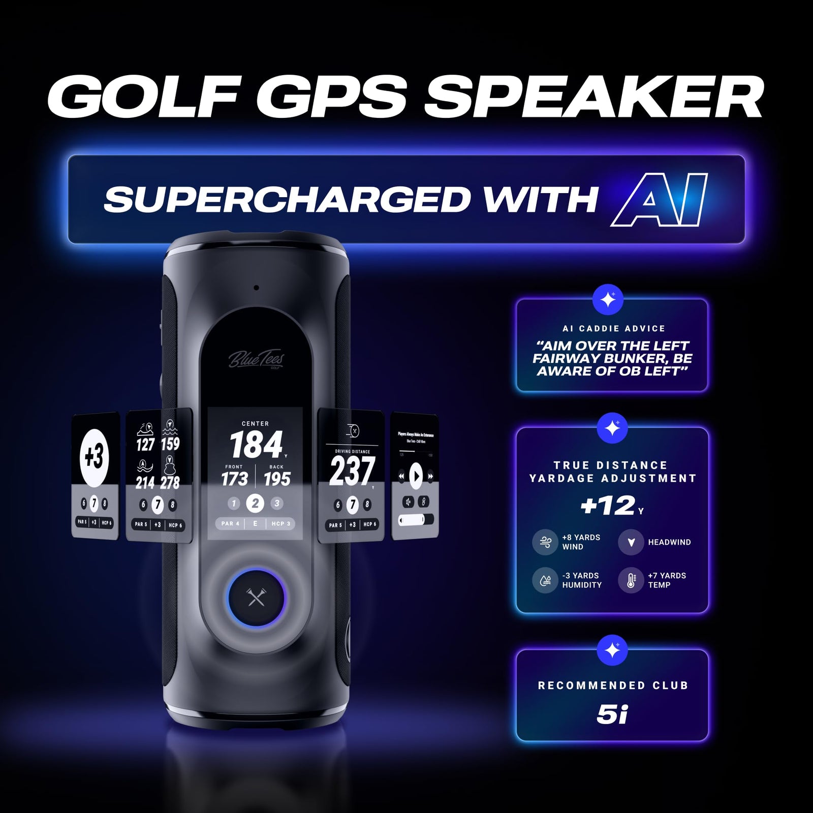 Blue Tees Player+ GPS Golf Speaker - AI-Powered