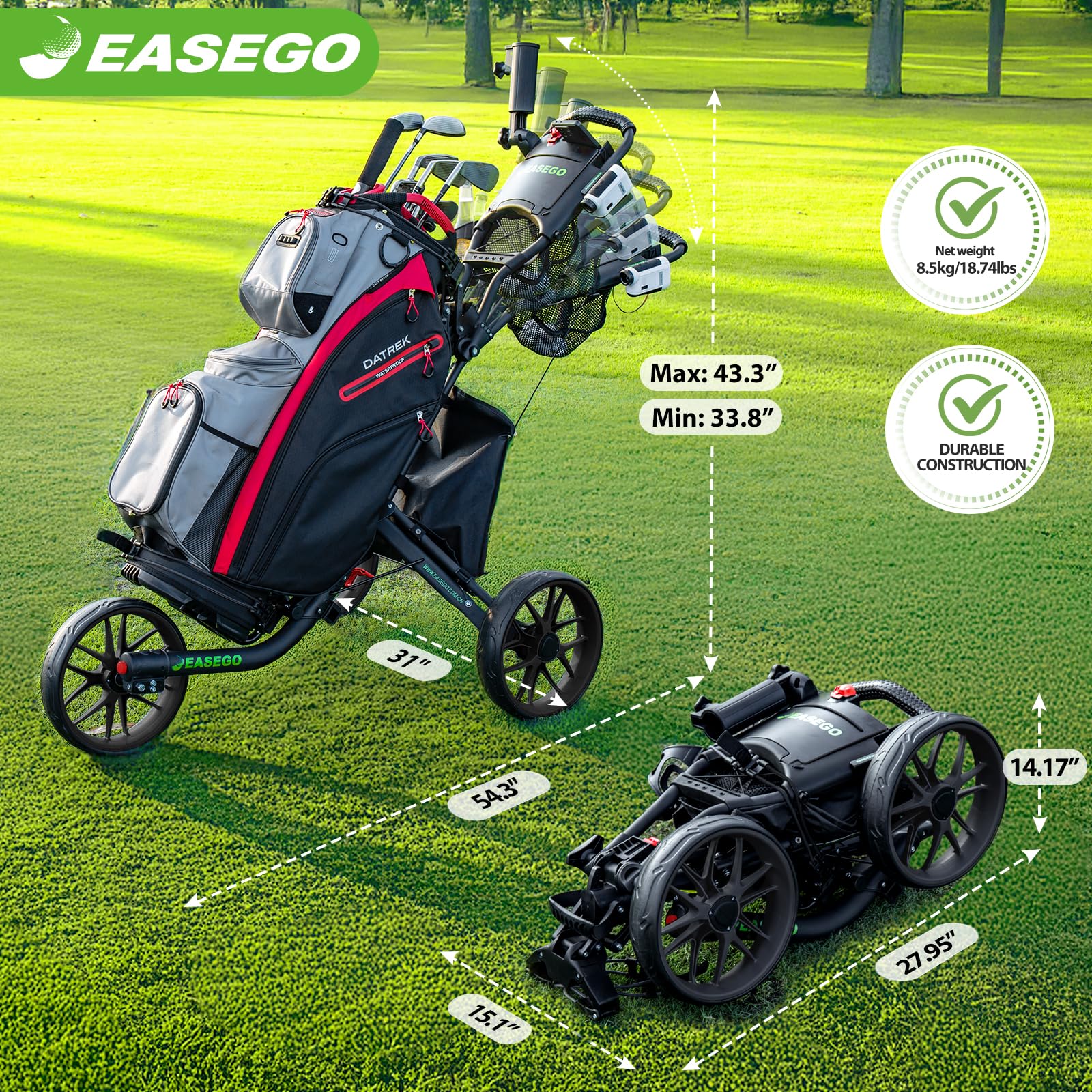 Easego 3-Wheel Foldable Golf Cart with Phone Holder | Golf Cart Shop