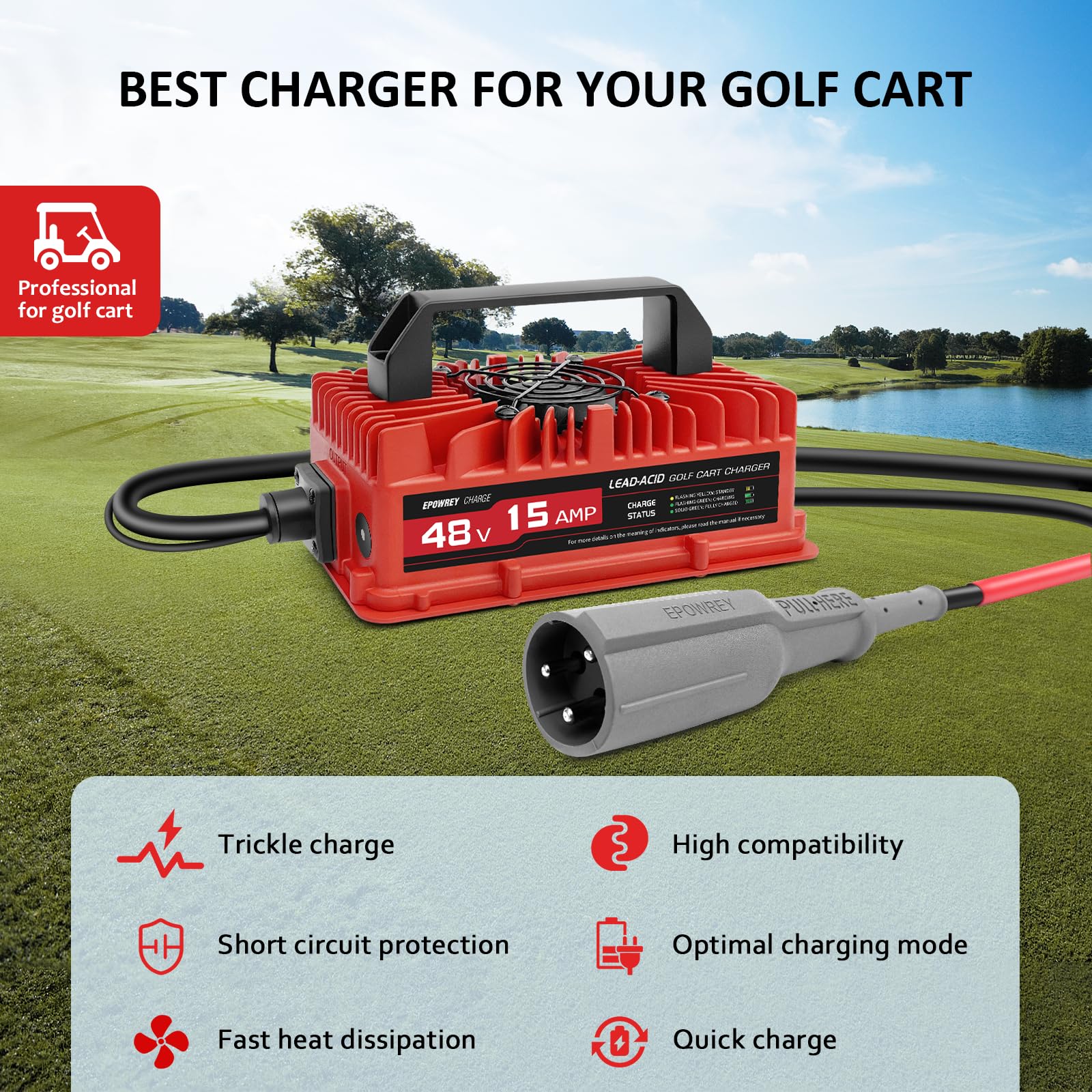 Epowrey 48V Golf Cart Charger for Club Car – 15A Fast Charge