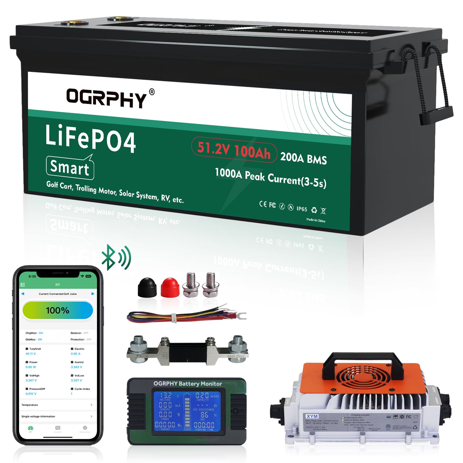 OGRPHY 48V Golf Cart Battery + Bluetooth & Charger