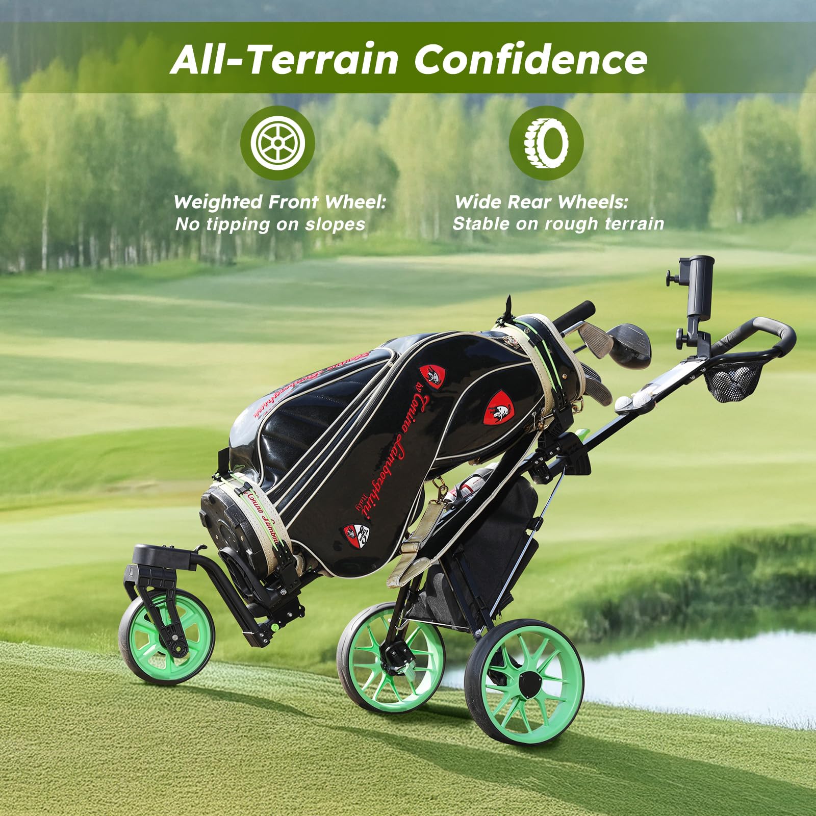 Tedycatt 3-Wheel Swivel Golf Push Cart with Cooler Bag