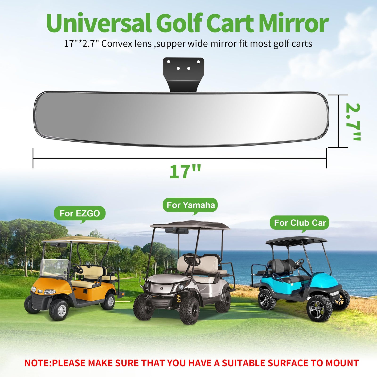 10L0L Universal Wide-Angle Golf Cart Rearview Mirror – 270° Adjustable